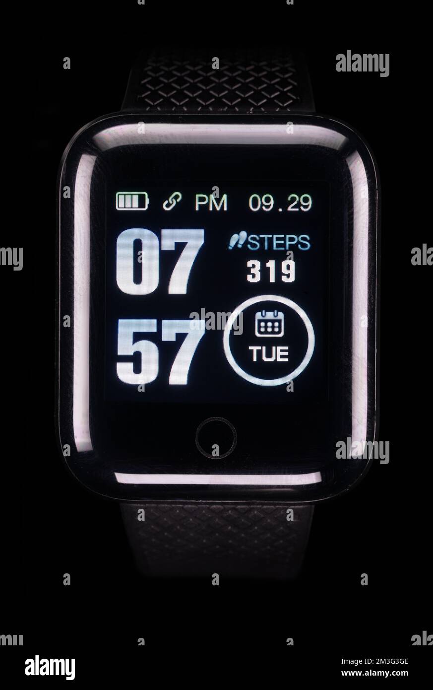 A vertical view of the digital display of a black smart watch bracelet ...