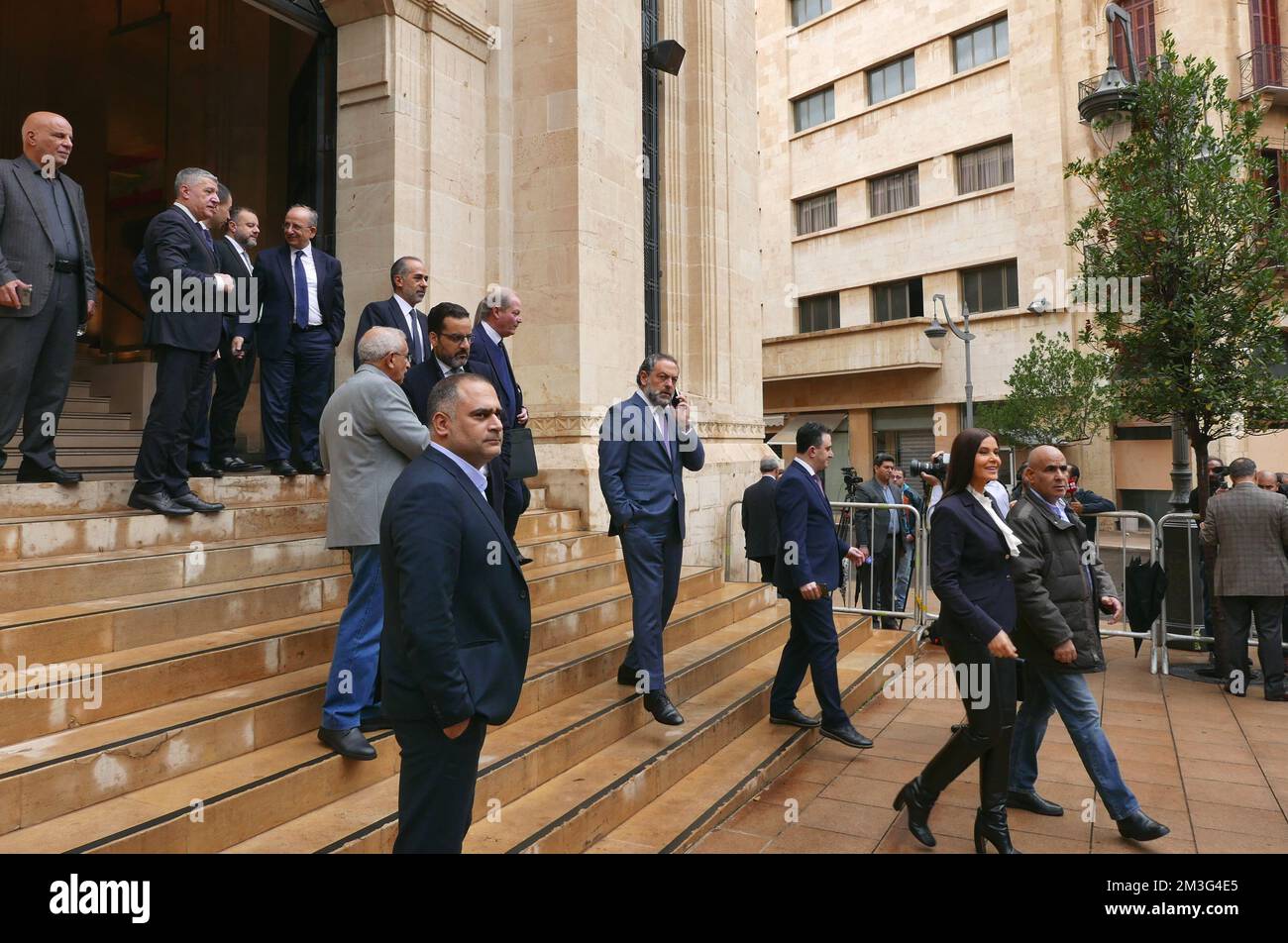 Members of Lebanese Parliament exit the Parliament's building after the ...