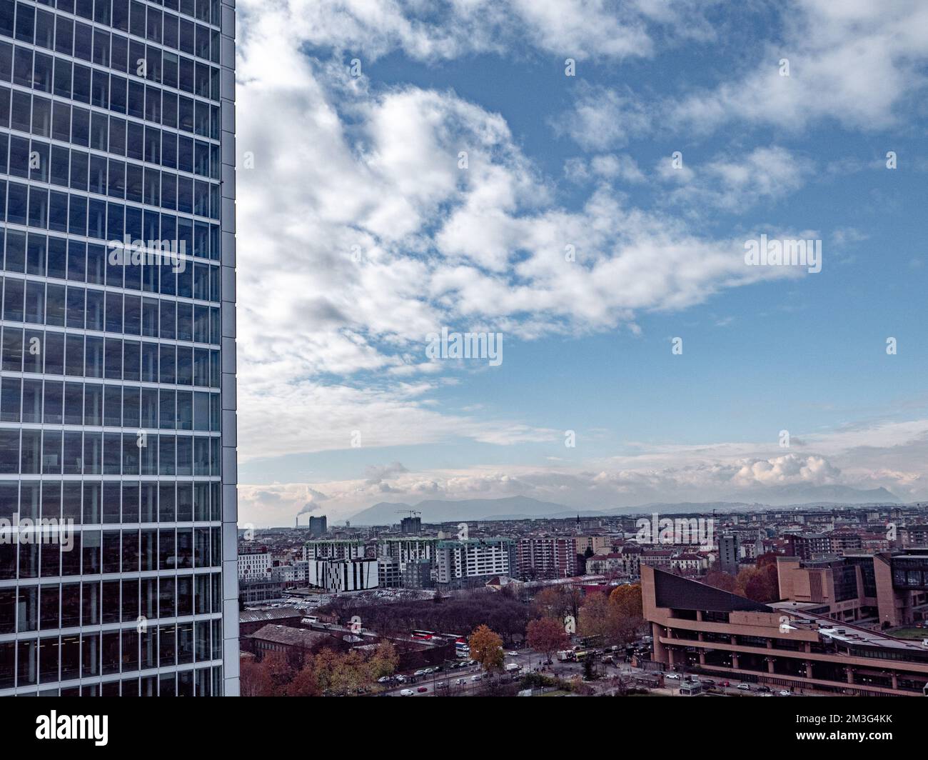 Skyline of Turin, Italy, in winter. The mountain in back and the Mole ...