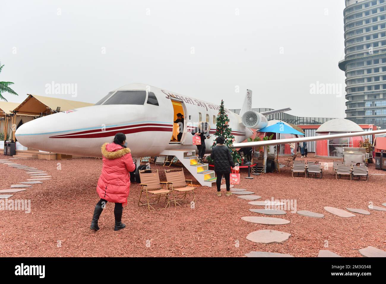 An airplane restaurant on the roof of a shopping mall in Xindu District ...