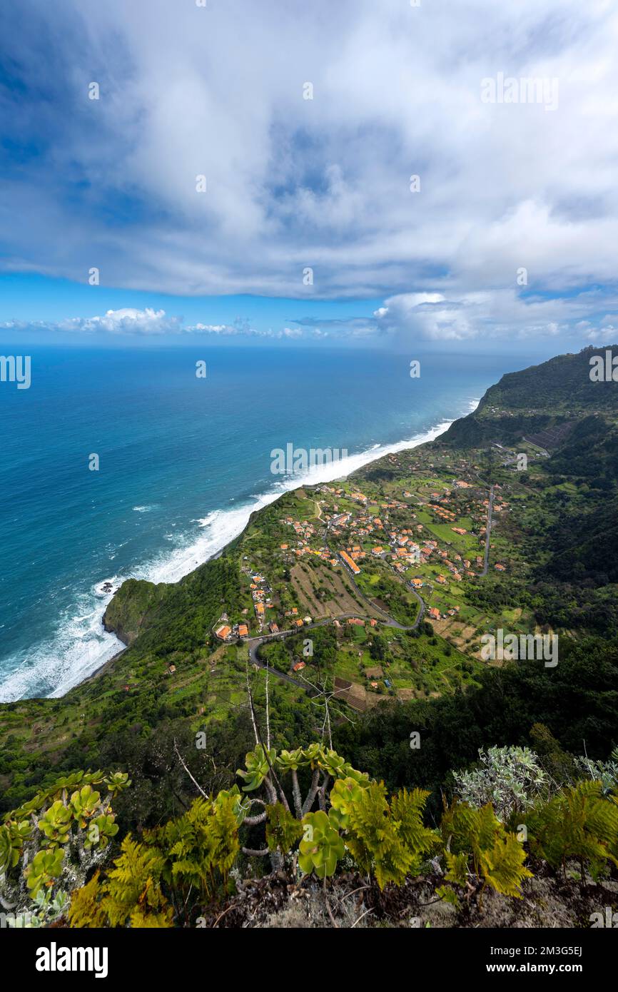 Ridge of Pico do Alto, view of coast and sea with village Arco de Sao ...