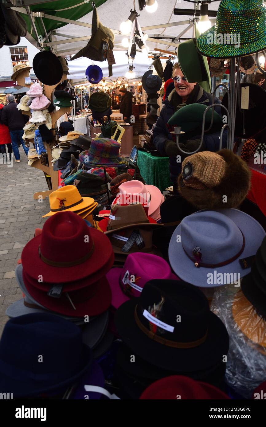 Hats on display at Winchester Christmas market Stock Photo - Alamy