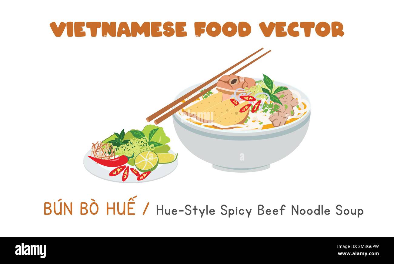 Vietnamese Hue style spicy beef noodle soup flat vector design. Bun Bo ...