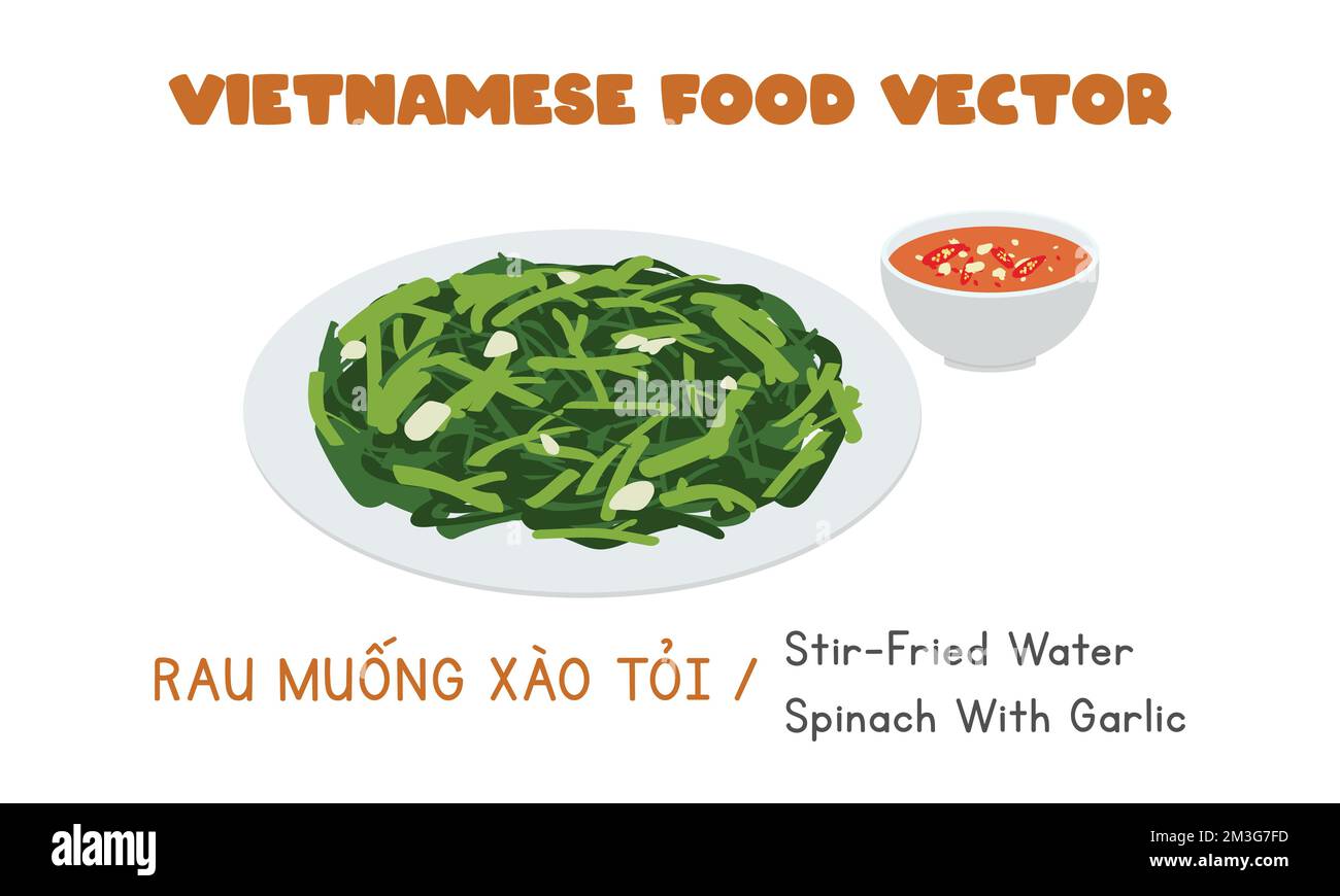 Vietnamese stir-fried water spinach with garlic flat vector design. Rau ...