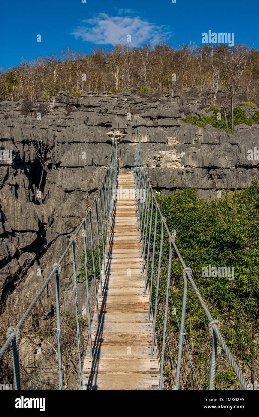 Hanging bridge in the Tsingy plateau in the Ankarana Special Reserve ...