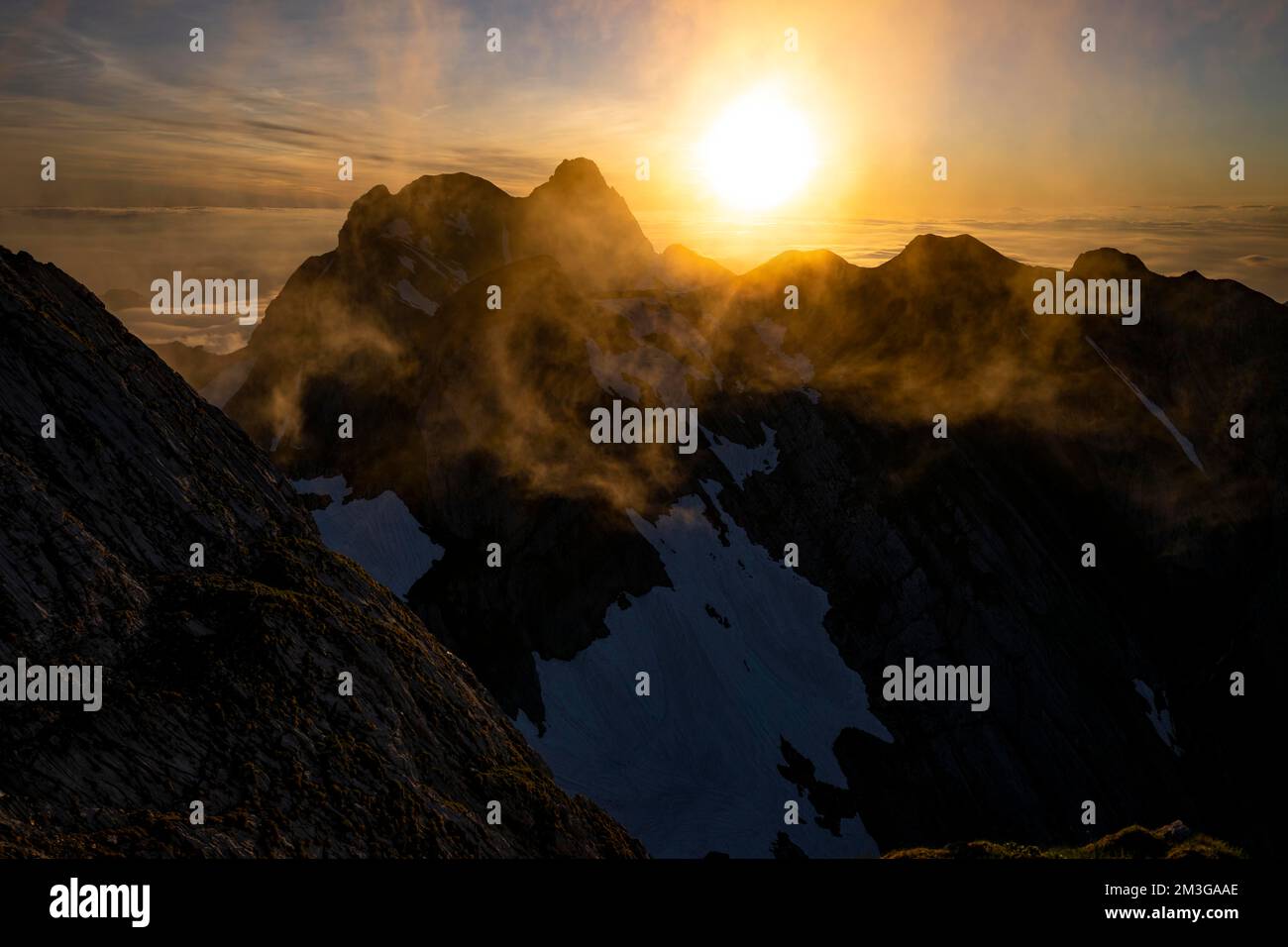 Summit of the Altmann at sunrise, Wildhaus, Appenzell, Switzerland ...