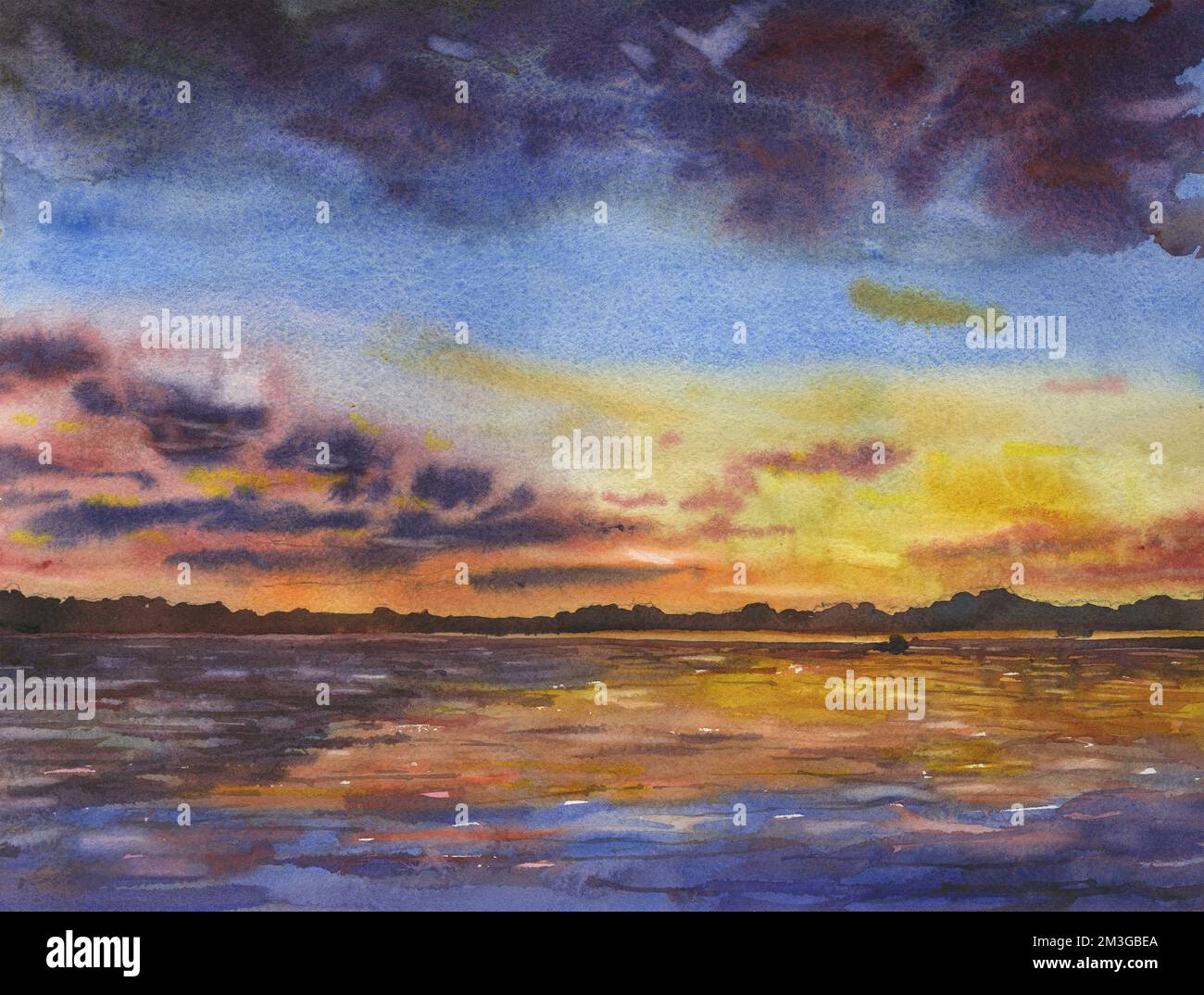 Colorful sunset landscape over lake. Watercolor painting sunset artwork ...