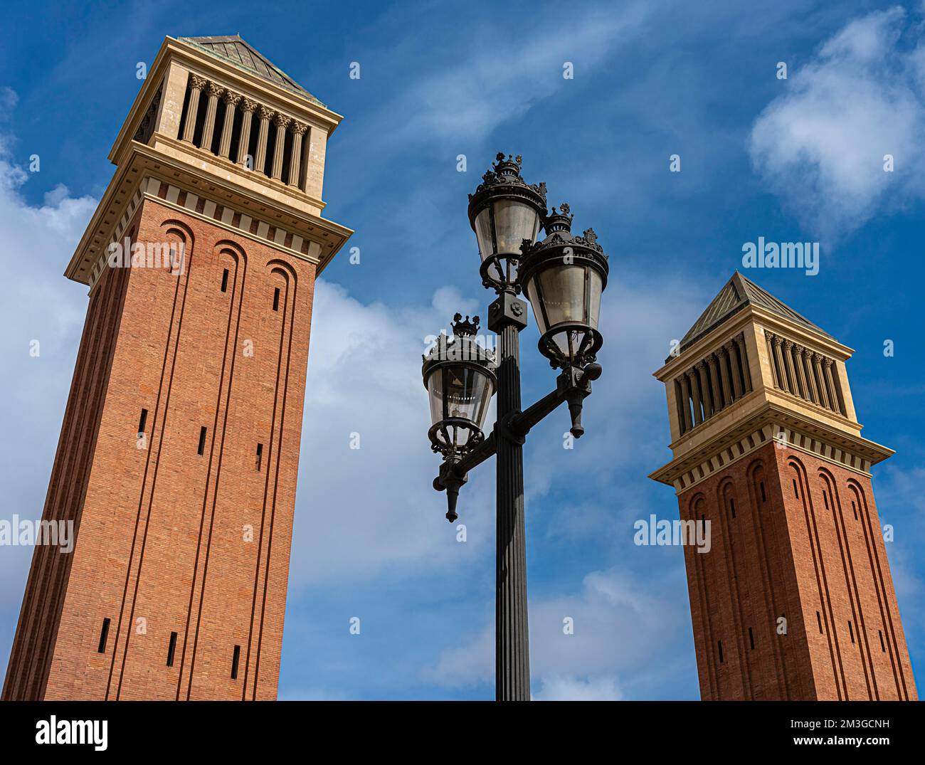 Historic Towers at Placa dEspanya, Barcelona, Catalonia, Spain Stock ...