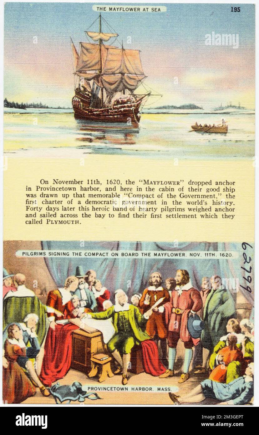 The Mayflower at sea, pilgrims signing the compact on board the ...
