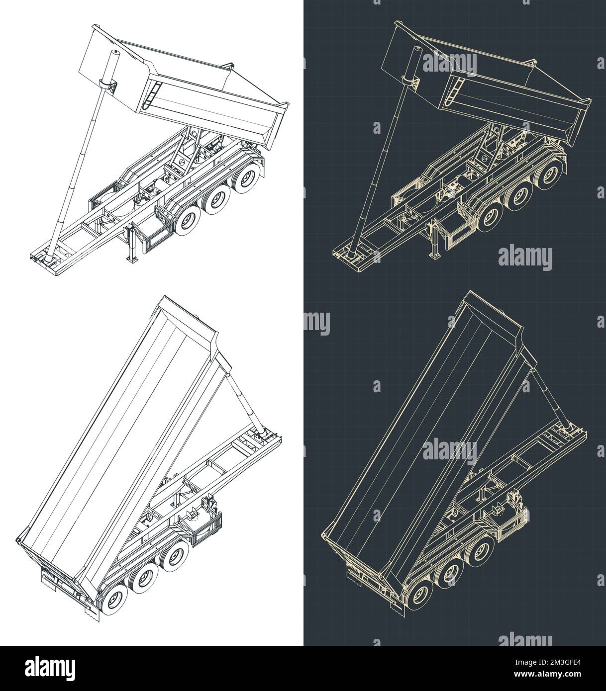 Stylized vector illustration of isometric blueprints of tipper semi ...