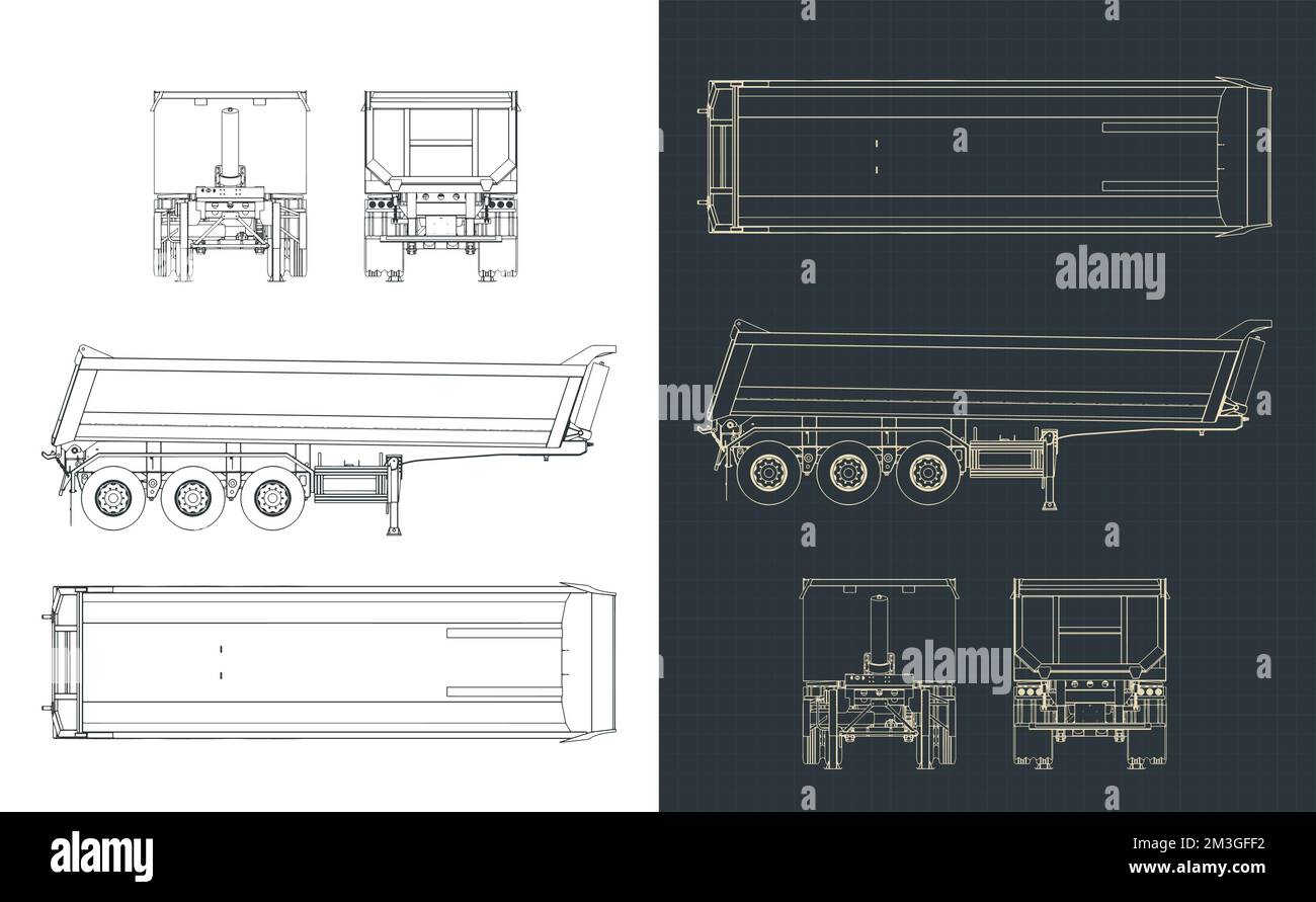 Stylized vector illustration of tipper semi trailer blueprints Stock ...