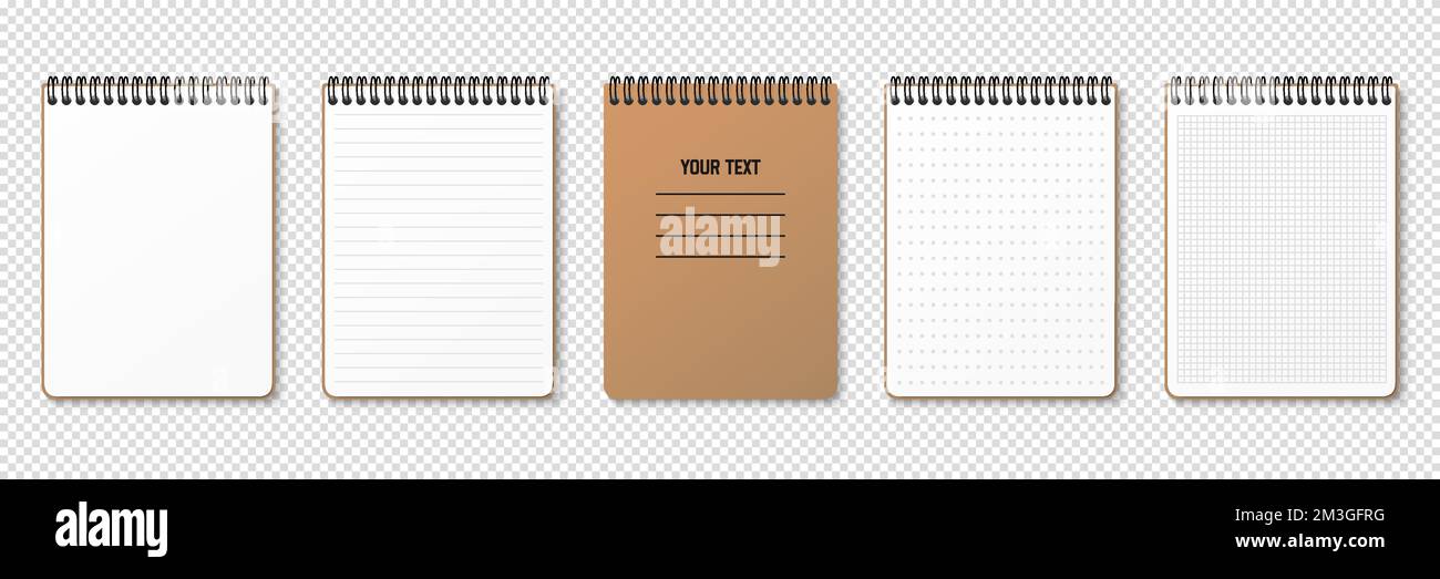Realistic notepad. Lined, gridded and dotted sheets. Blank sheets of notebook with grid for ...