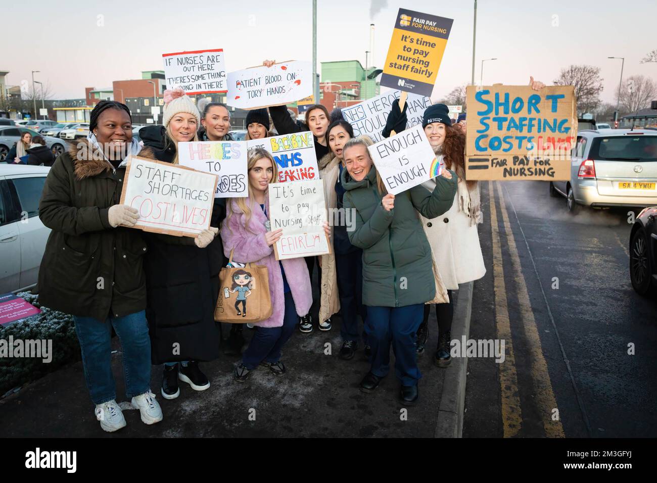 Liverpool, UK. 15th Dec, 2022. Nurses hold placards at the picket line ...