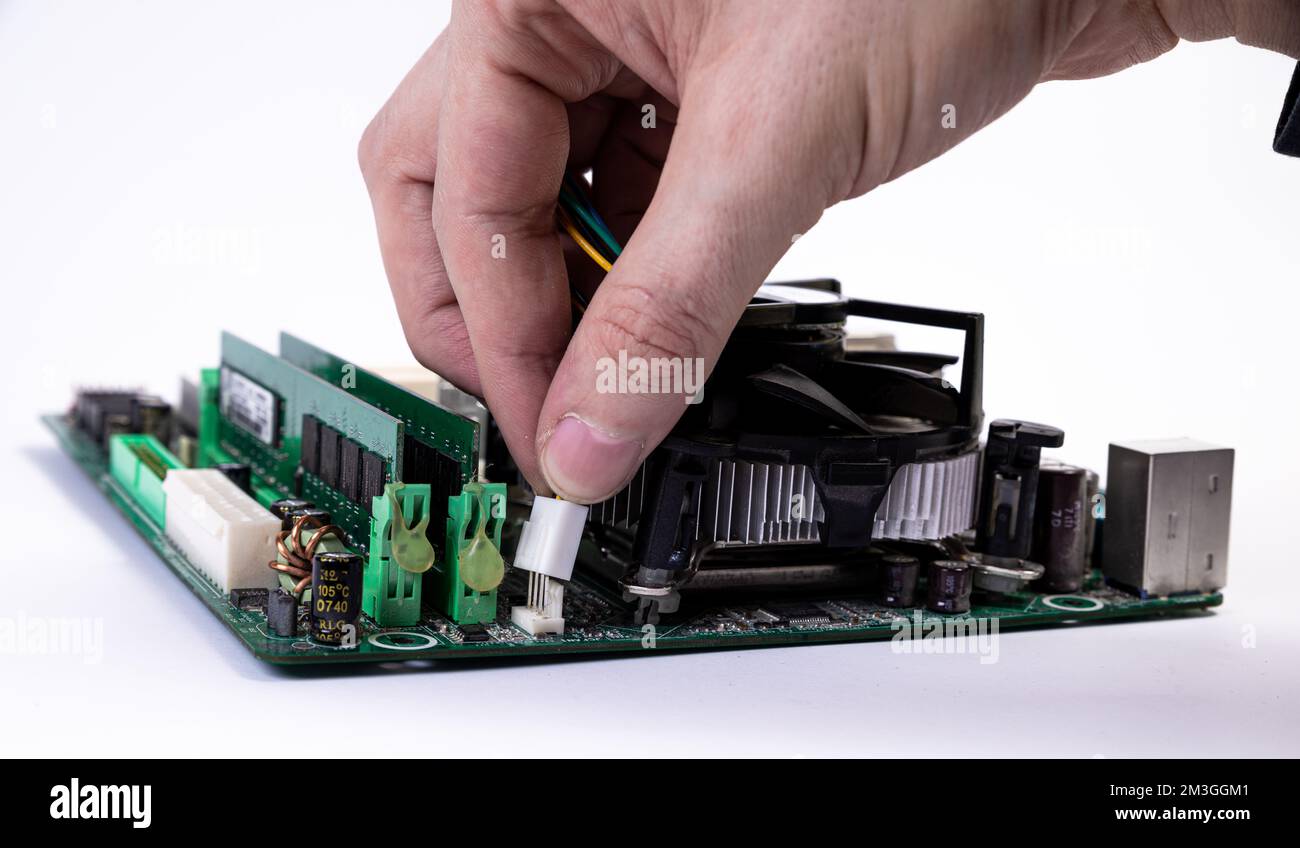 Engineer Repairman Holding Hands In Black Gloves Chip Processor Cpu To Insert Into The Socket