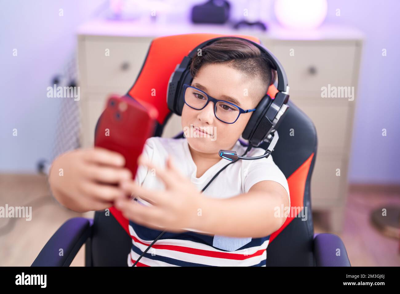 Adorable hispanic boy streamer smiling confident make selfie by ...