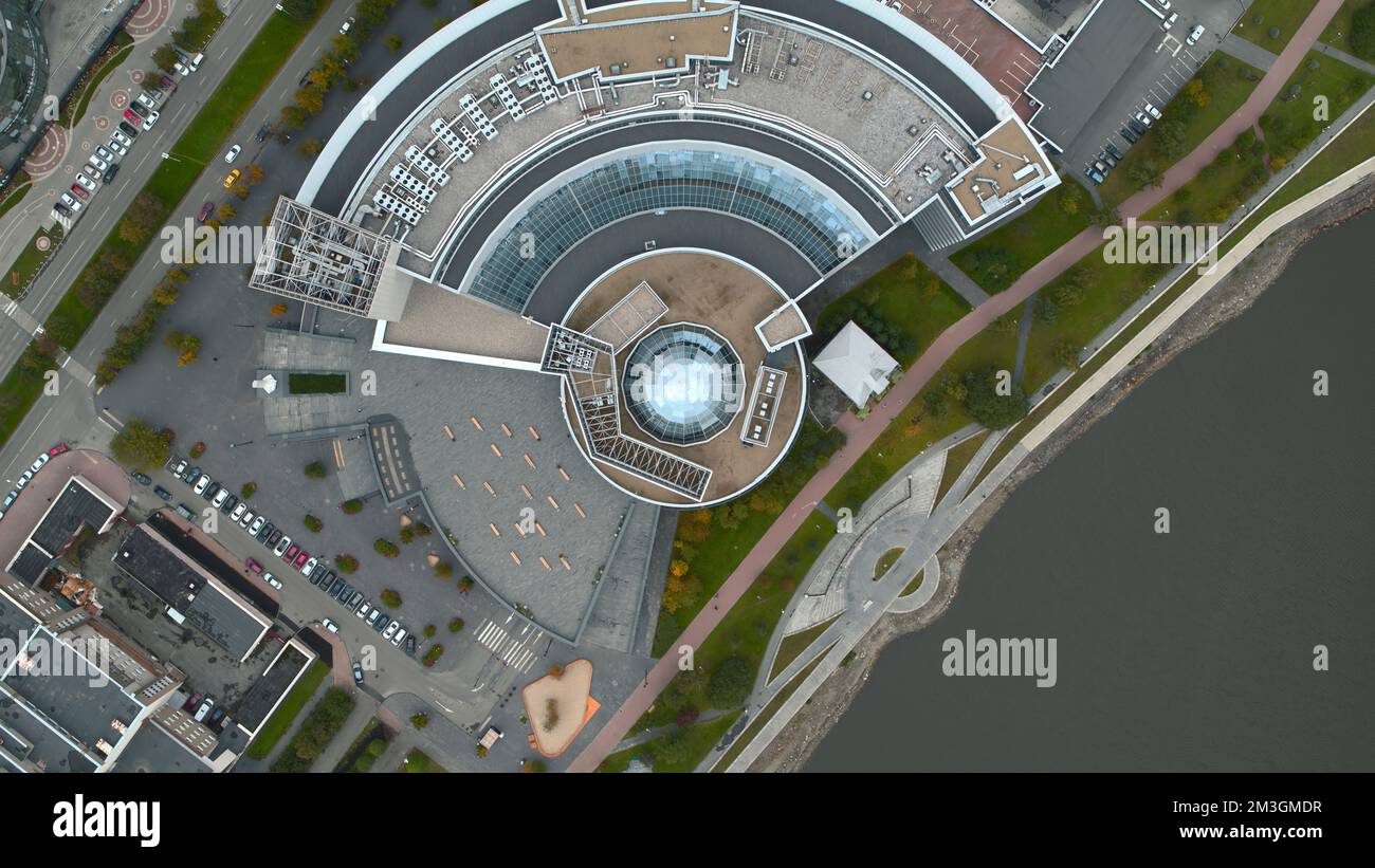Top view of futuristic architecture of roof of building. Stock footage ...