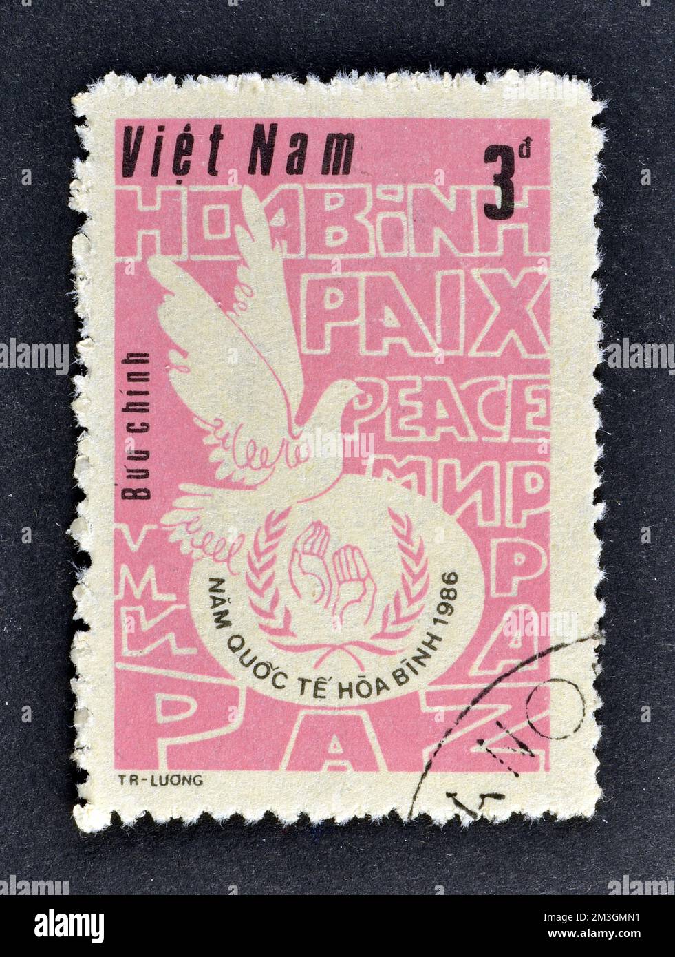 Cancelled postage stamp printed by Vietnam, that shows Peace Dove, Logo ...