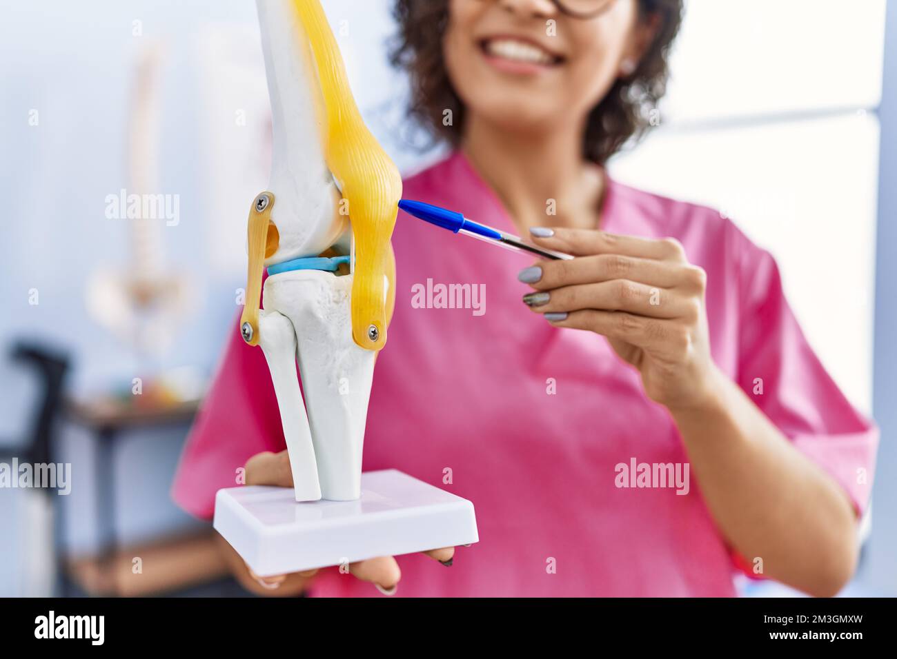 Young latin woman wearing physiotherapist uniform holding anatomical ...