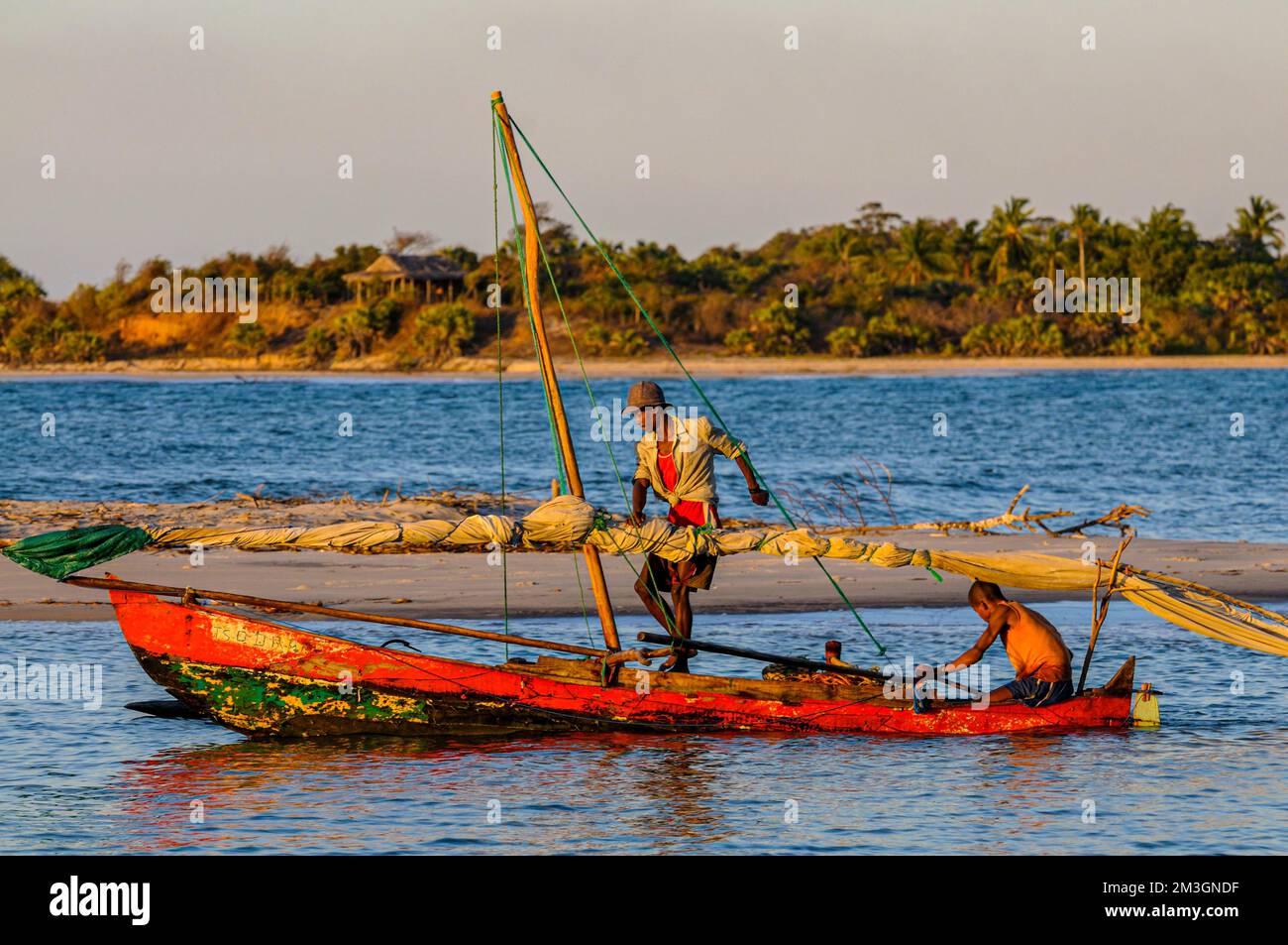 Traditional sailing boat in the waters of the Antsanitia beach resort ...