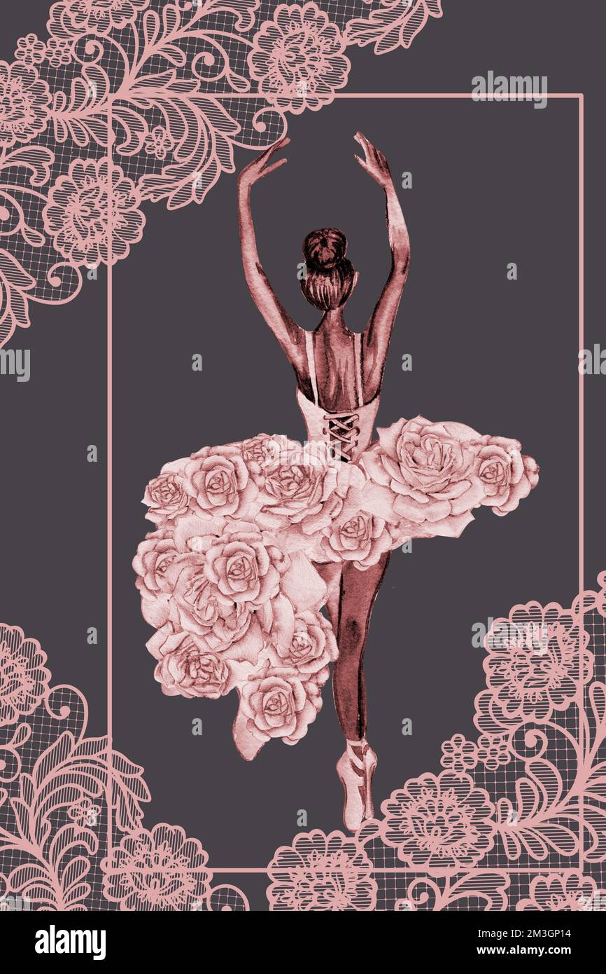 Hand drawn watercolor card template dancing ballerina with flower and ...