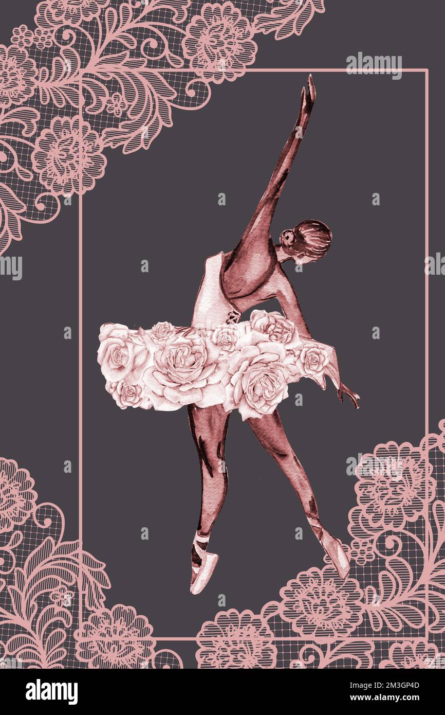 Hand drawn watercolor card template dancing ballerina with flower and ...