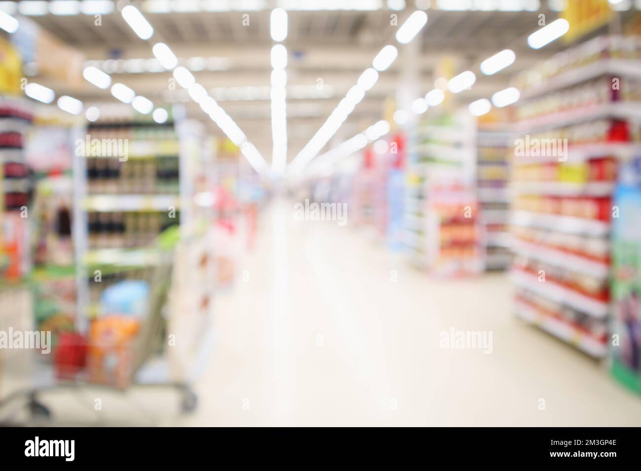 Abstract blur supermarket aisle with colorful product on shelves ...