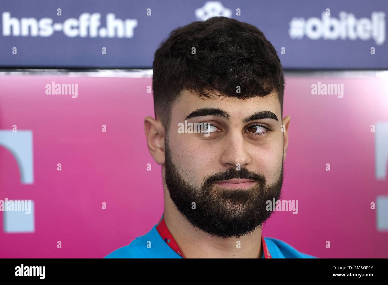 Football player Josko Gvardiol speaks to the media during Croatia press ...