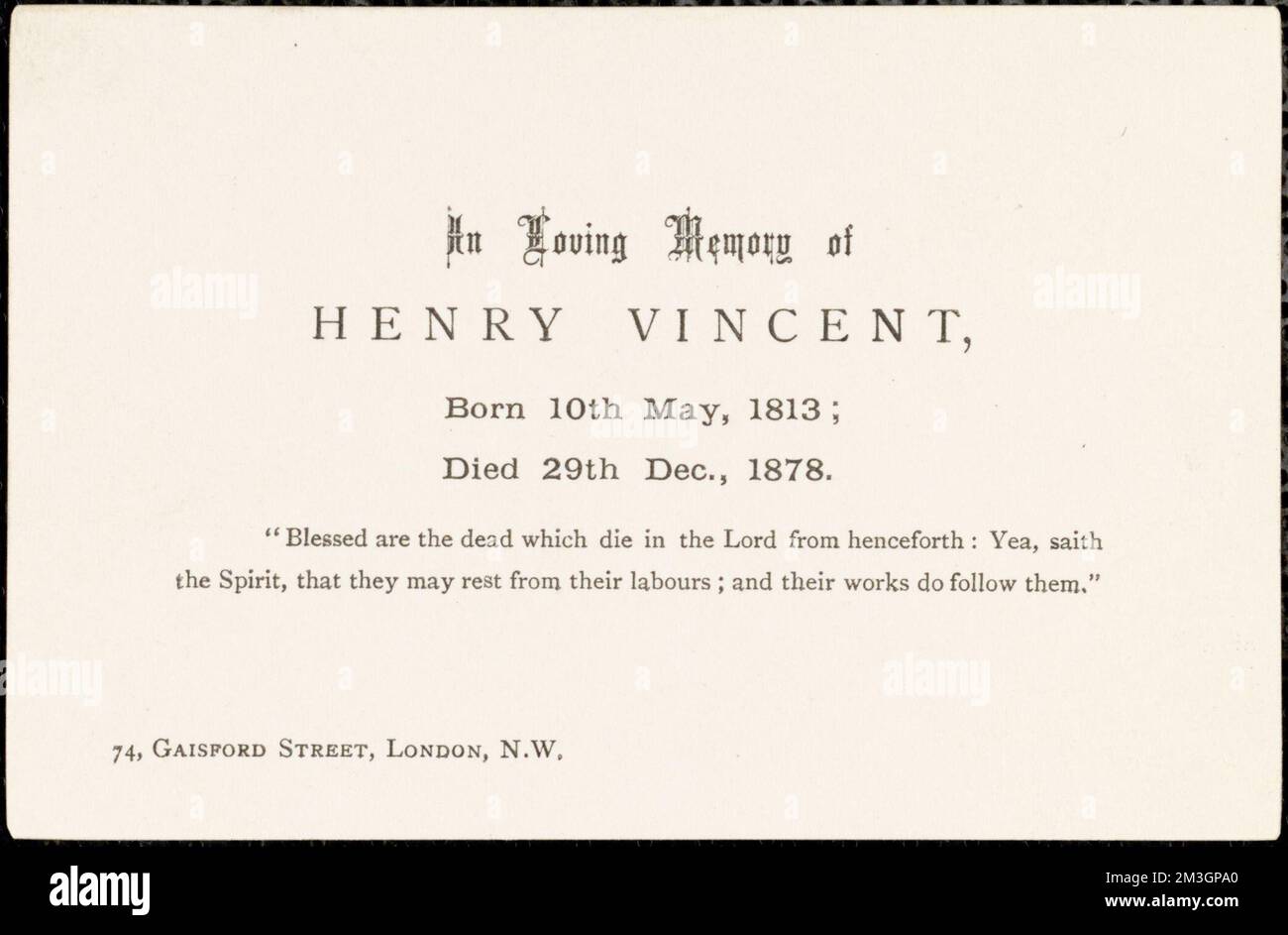 Memorial card for Henry Vincent, London, [England] , Abolitionists, England, 19th century ...