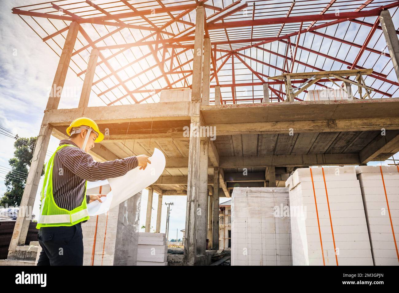 Asian business man construction engineer worker in protective helmet ...