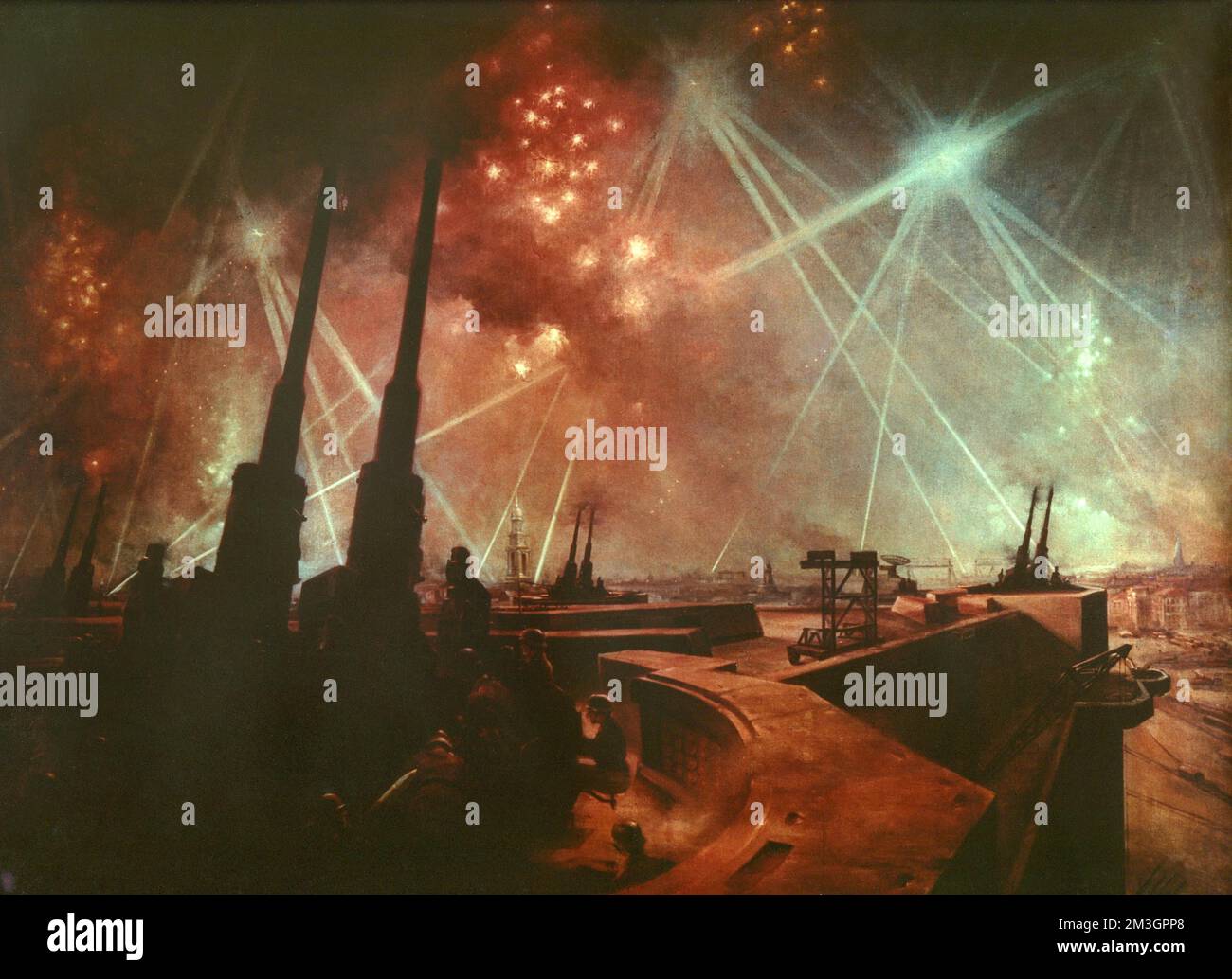 Air raid on Hamburg 1943, reproduction of a very old colour photograph ...