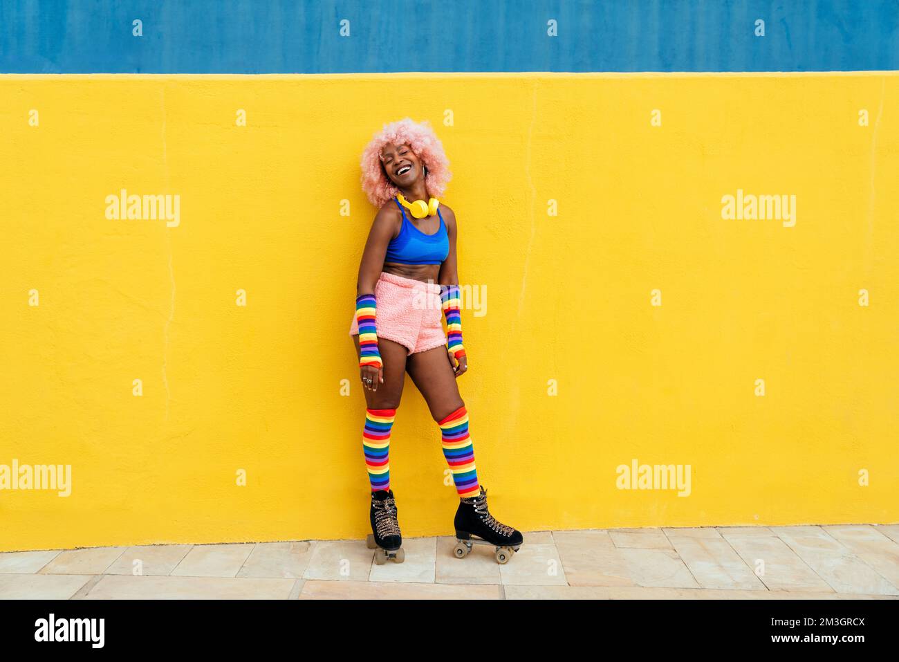 Beautiful woman skating with roller skates and having fun. Professional ...