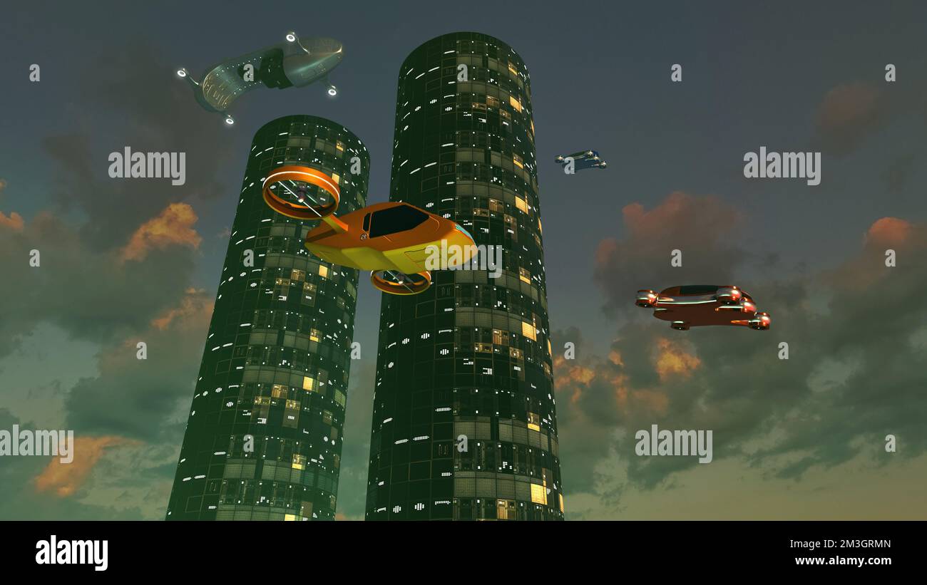Aerial vehicles flying between buildings Stock Photo - Alamy
