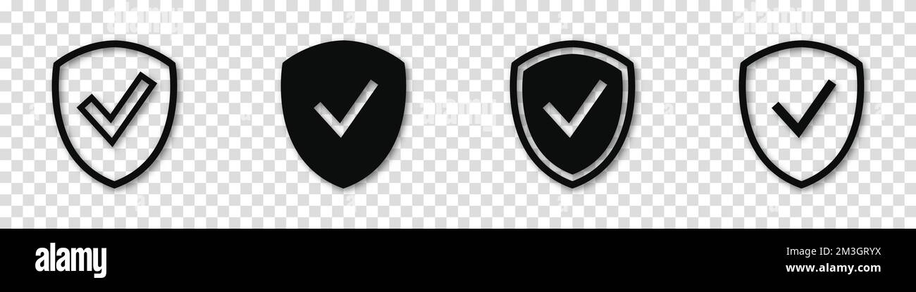 Shield check mark icon set. Protection approve sign. Safe icon. Tick ...