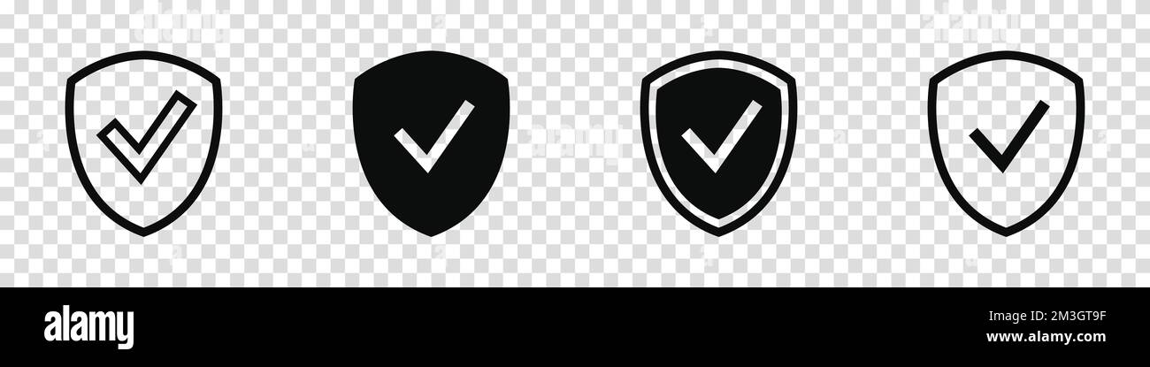 Shield check mark icon set. Protection approve sign. Safe icon. Tick ...