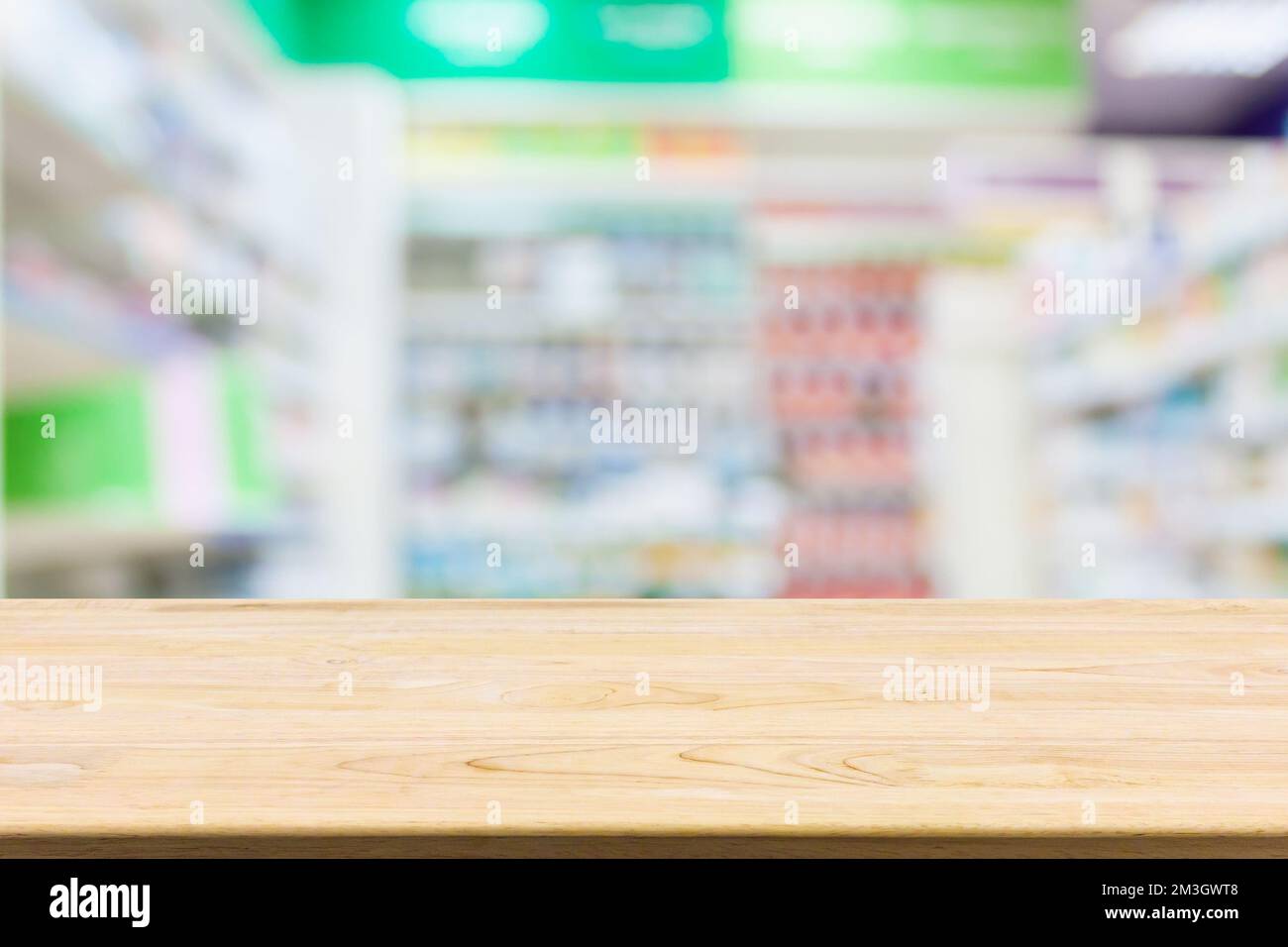 Pharmacy drugstore counter table with blur abstract backbround with ...