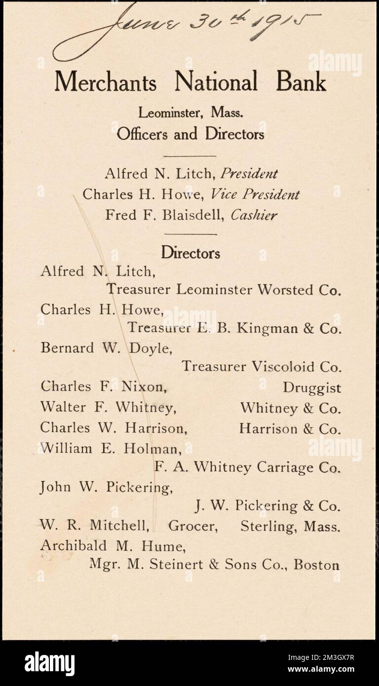 Merchants’ National Bank, Leominster, Mass., officers and directors ...