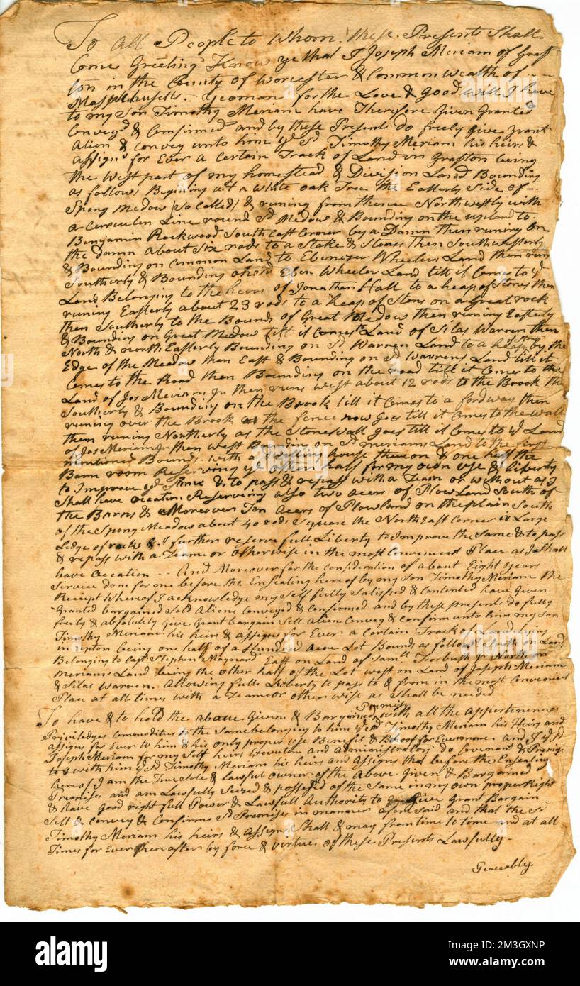 Merriam family deed for land in Grafton ,. Westborough Stock Photo - Alamy