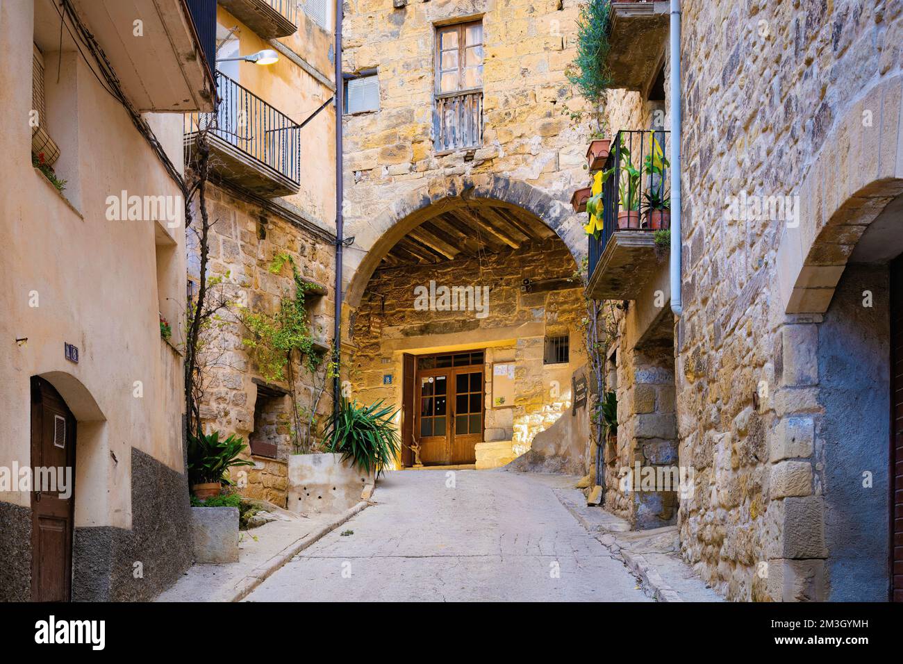 Street view of the historic center of Horta de Sant Joan, Catalonia ...