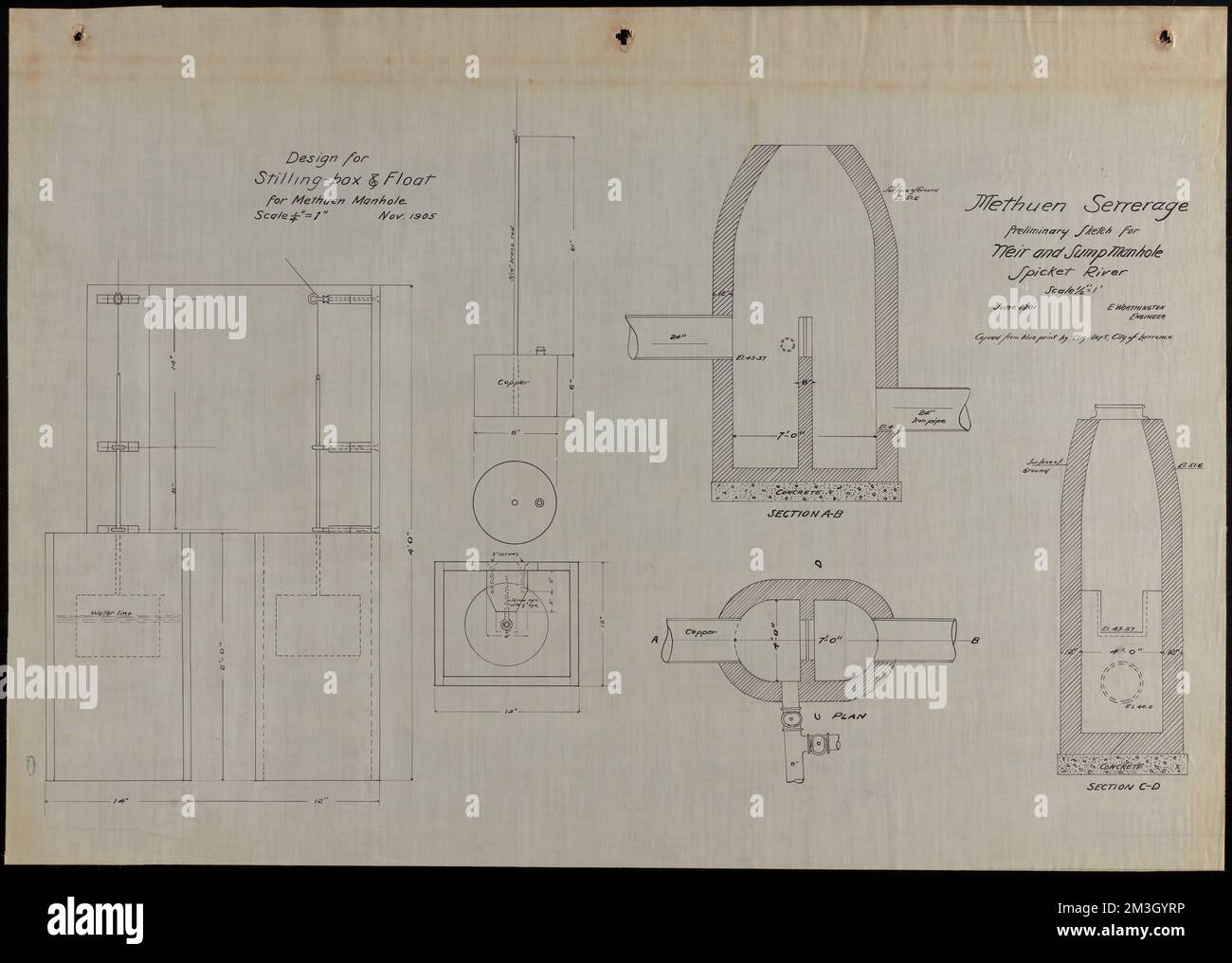 Methuen sewerage, preliminary sketch for weir and sump manhole, Spicket ...