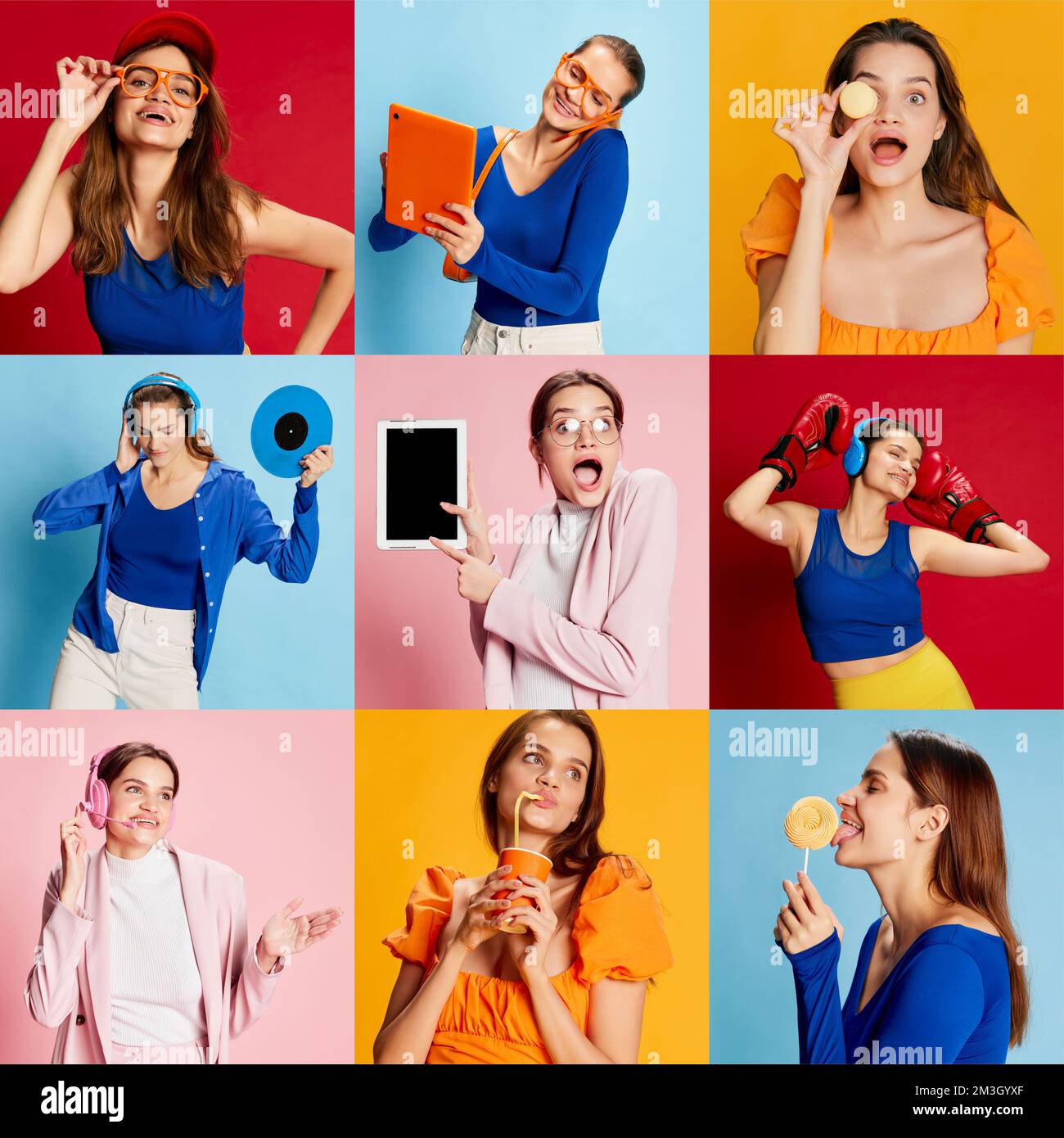 Collage. Beautiful, cheerful young girl in different clothes posing ...