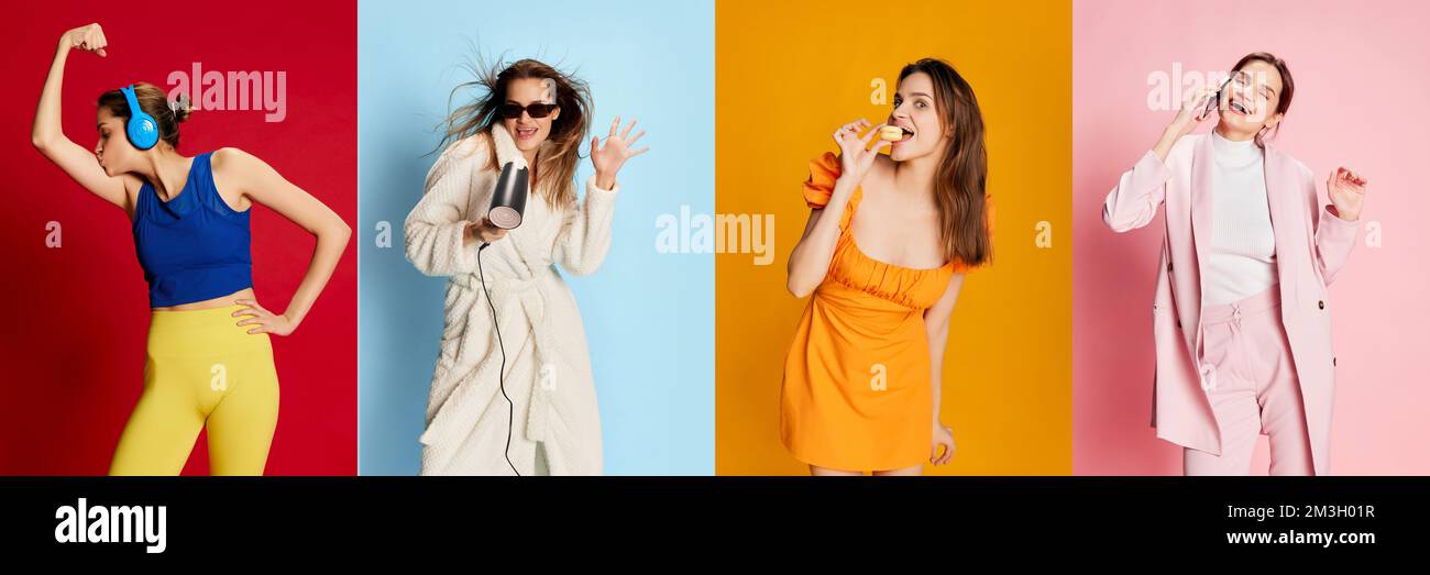 Collage. Beautiful, cheerful young girl in different clothes posing ...