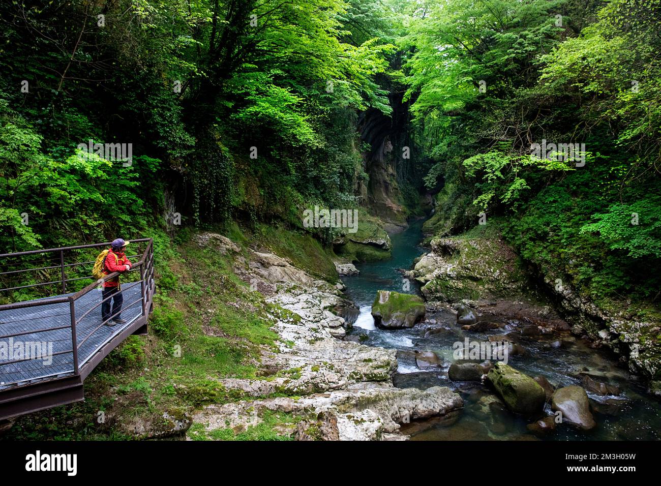 Tourist exploring beautiful Martvili canyon on Abasha river near ...