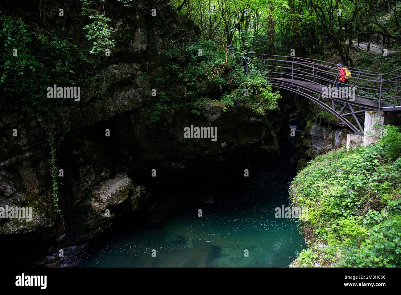 Tourist exploring beautiful Martvili canyon on Abasha river near ...