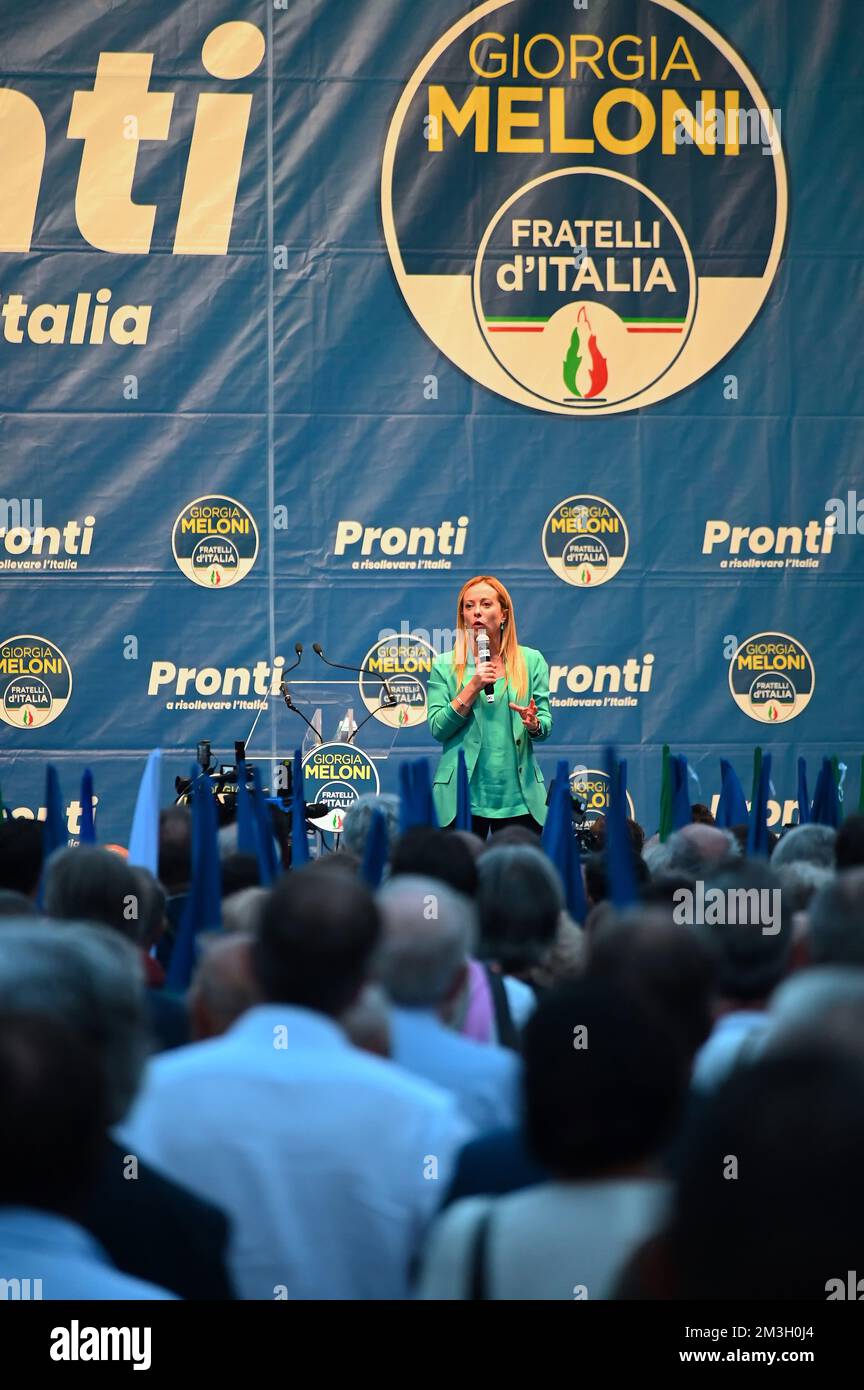 A vertical shot of the "Fratelli d'Italia" party leader Giorgia Meloni ...