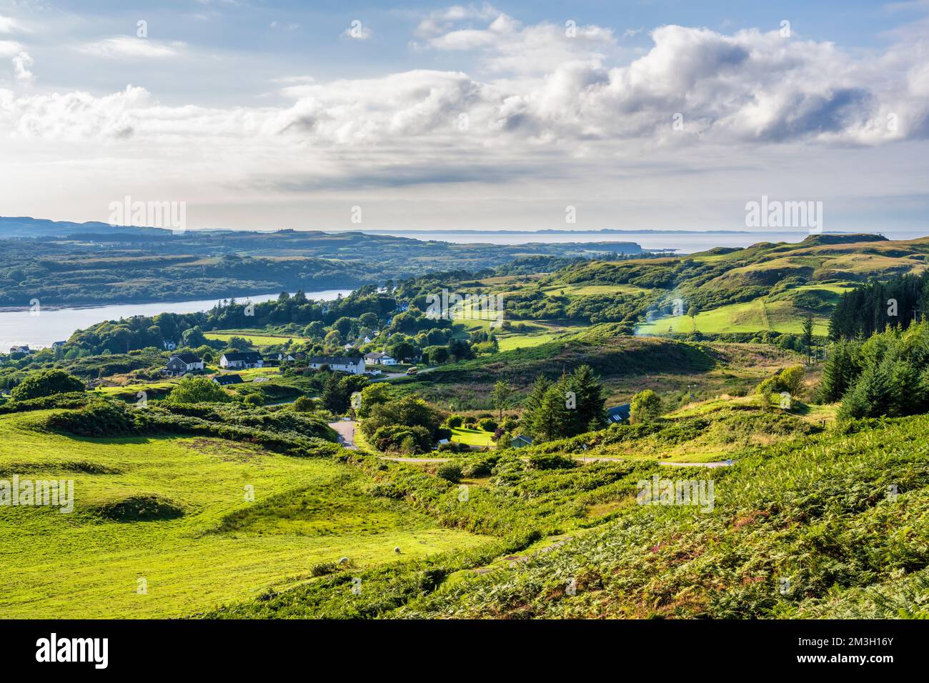View looking down on the village of Dervaig and the sea loch, Loch A ...
