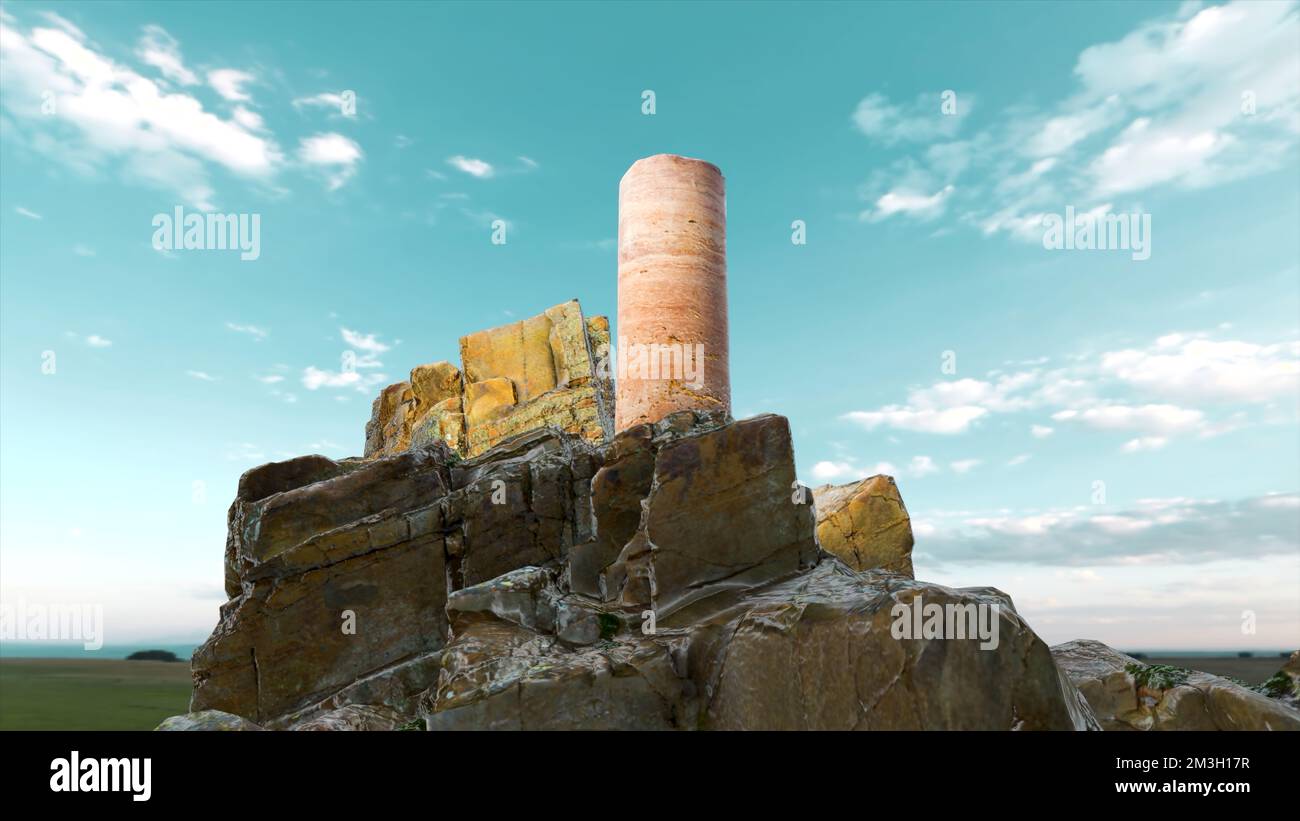 Stone tower with debris on background of sky. Motion. 3D model of ...