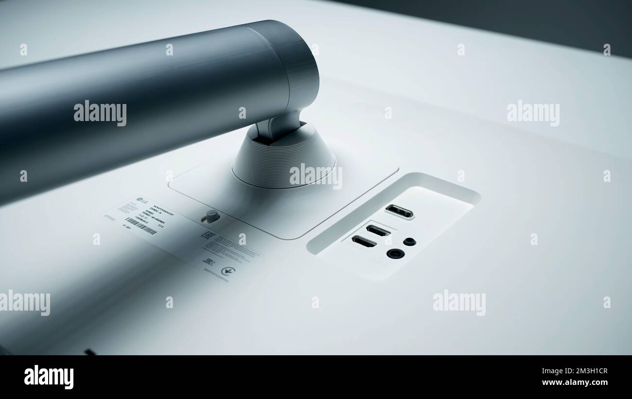 Italy, Rome - June 19, 2022: Close up of back of the monitor with usb ...