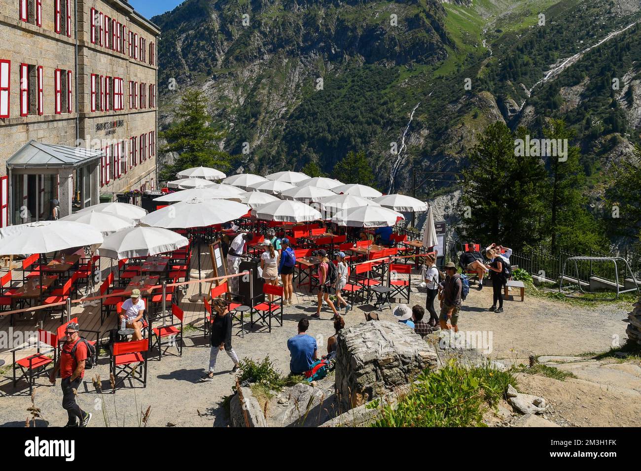 Terrace restaurant of the Refuge of Montenvers, a historical hotel near ...