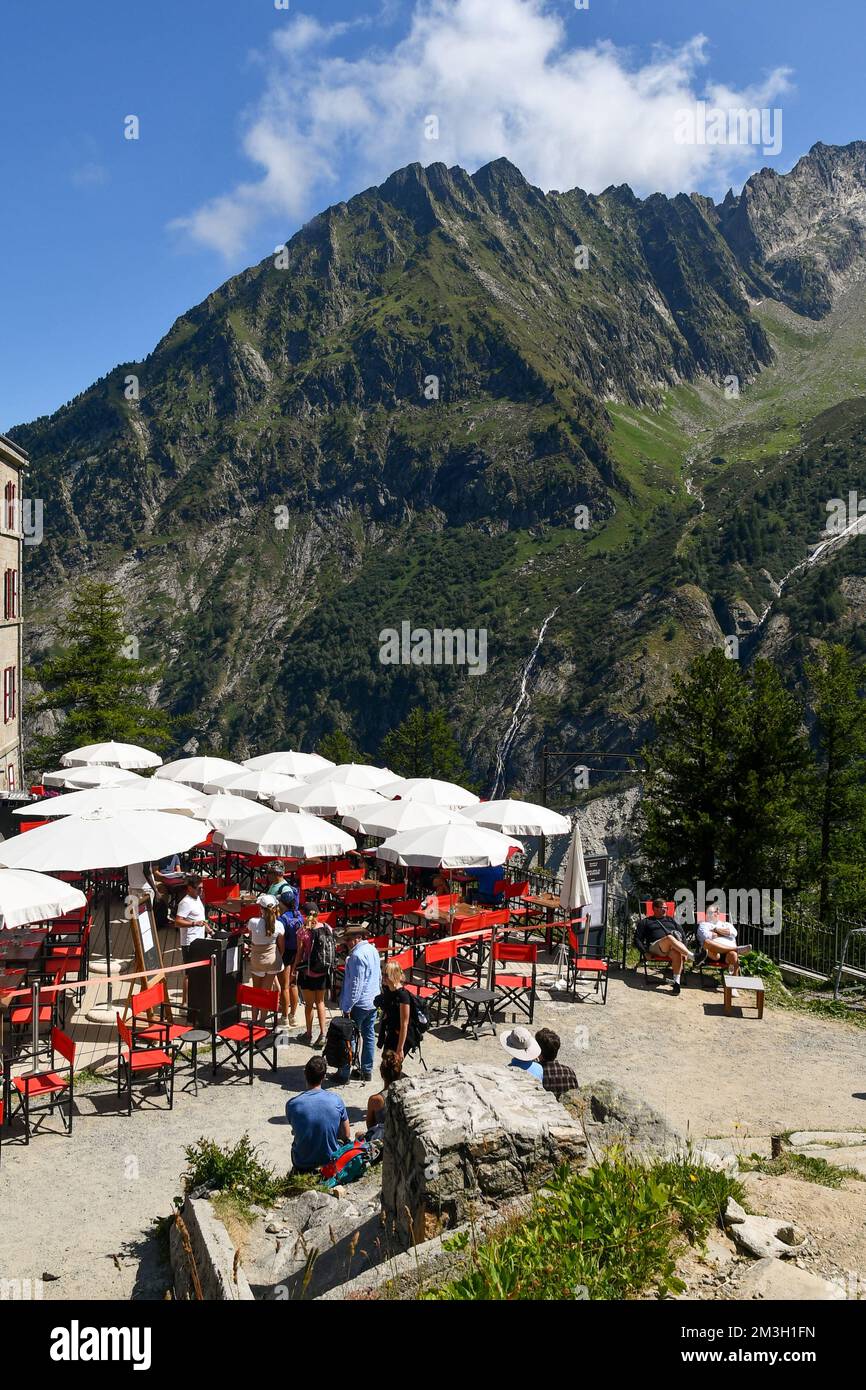Terrace restaurant of the Refuge of Montenvers, a historical hotel near ...