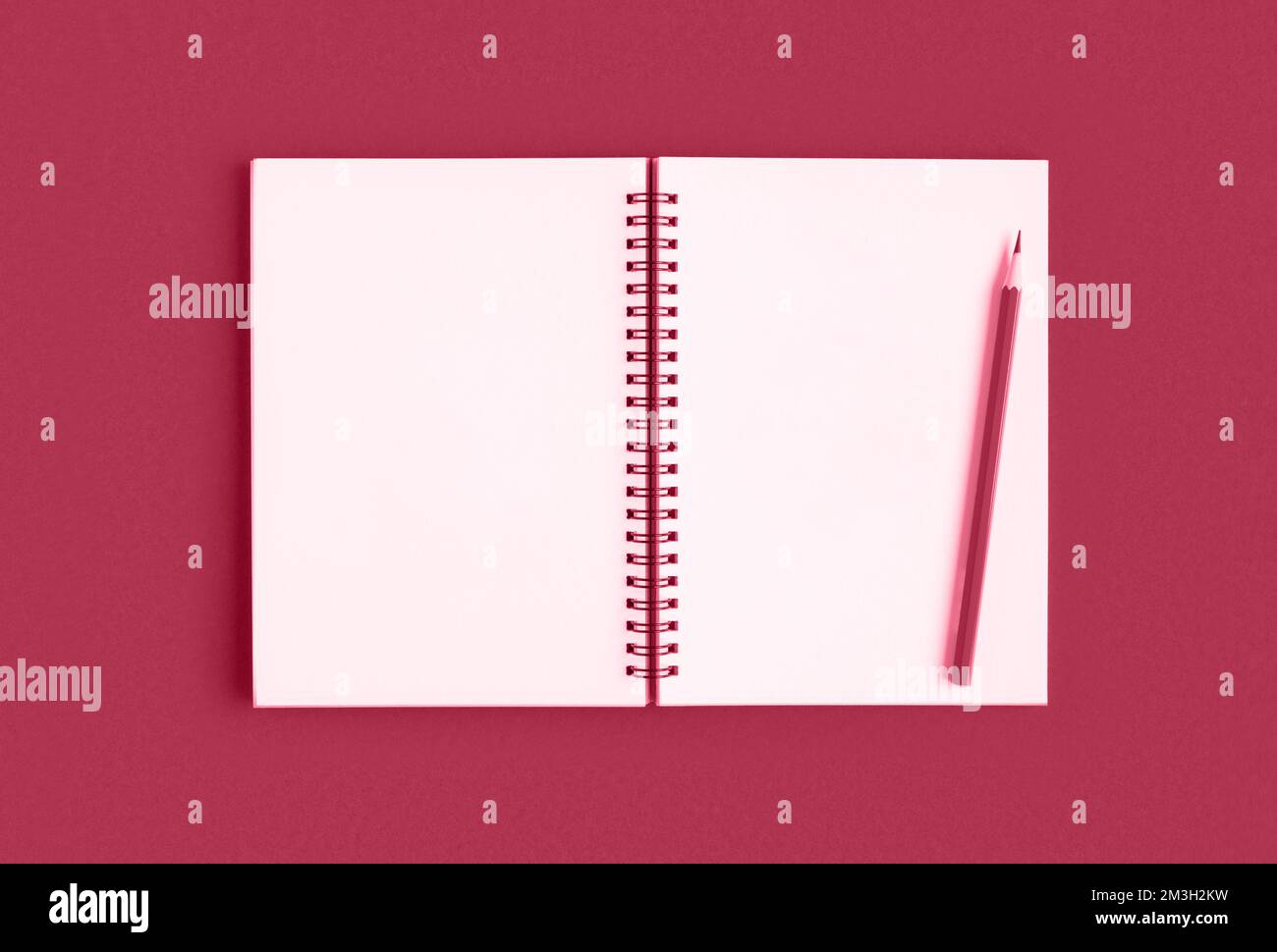 Notebook with pencil. Open notebook on Viva Magenta color background ...